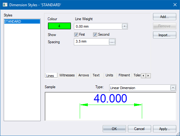 Dimension Styles - Lines Page