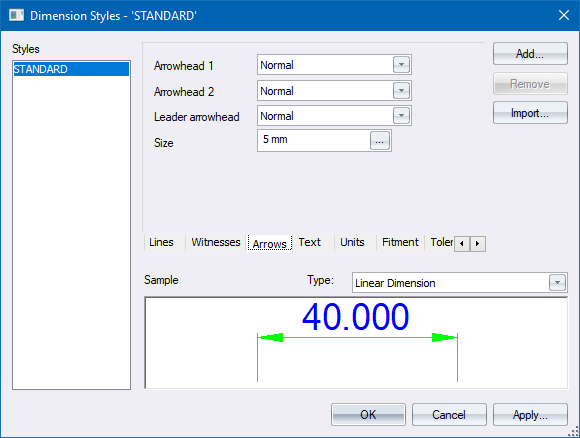 Dimension Styles - Arrows Page