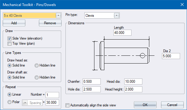 Mechanical Pins/Dowels Dialog
